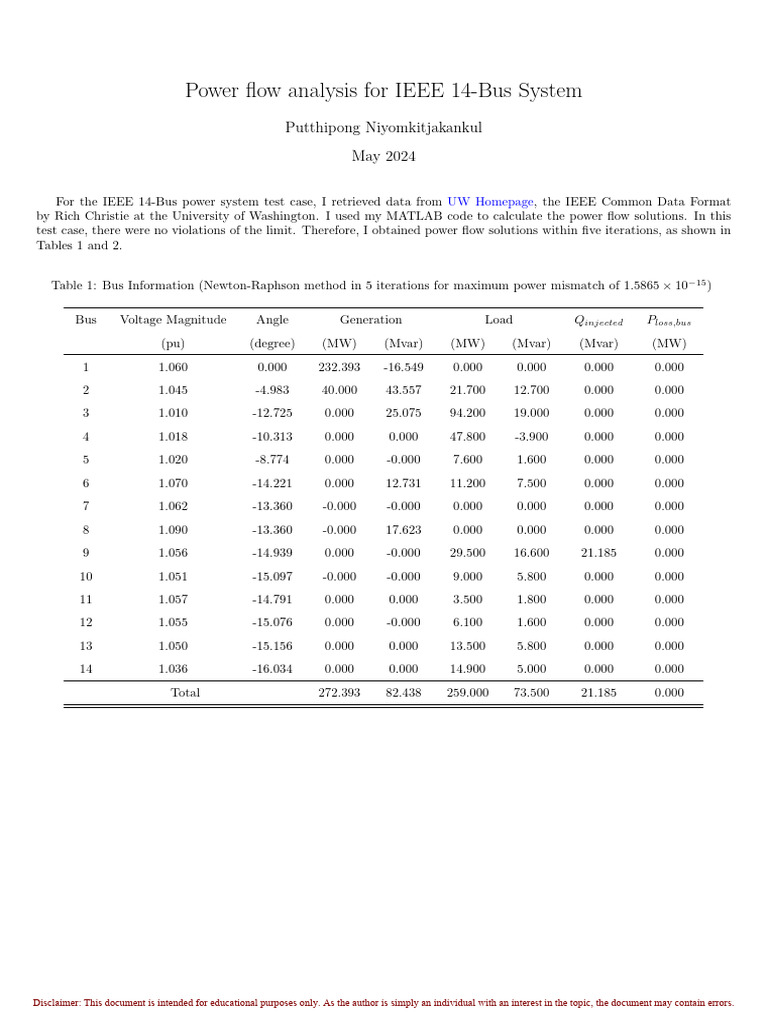 Power Flow Solutions of IEEE Bus System Test Cases | PDF | Power ...