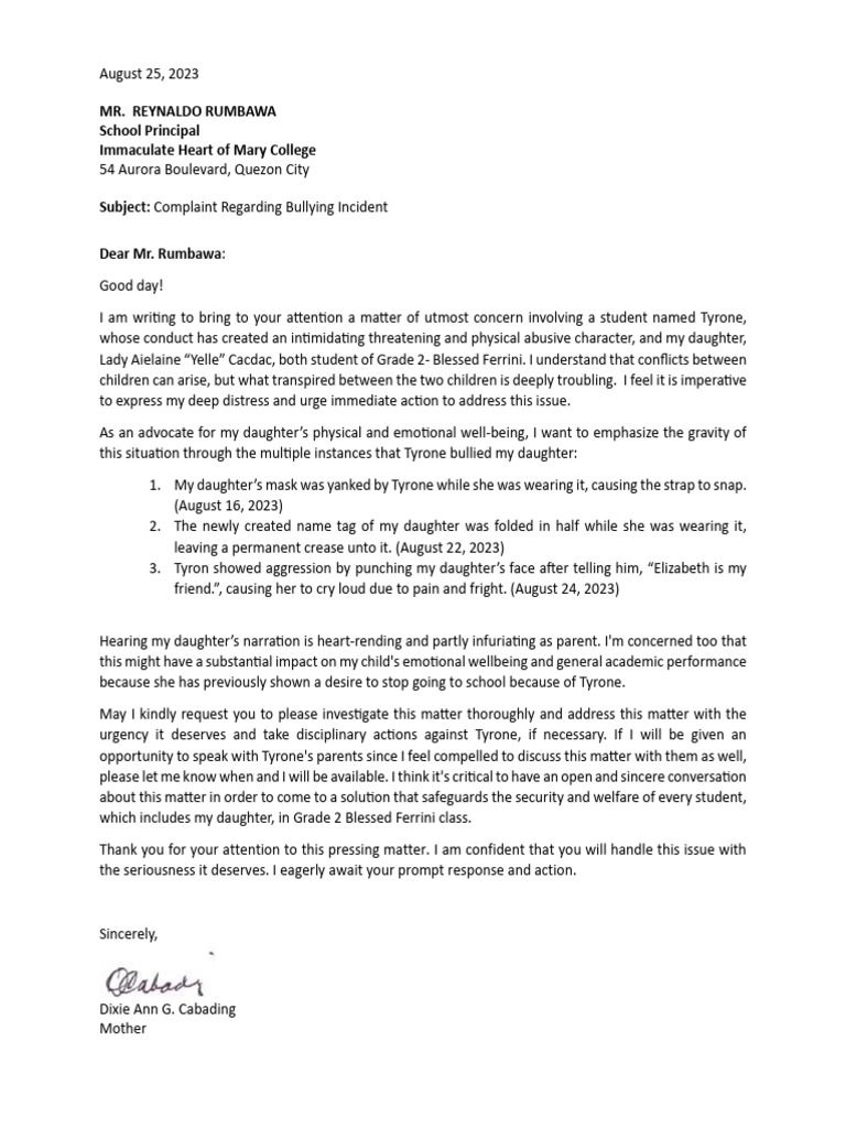 Complaint Letter To The Principal | PDF
