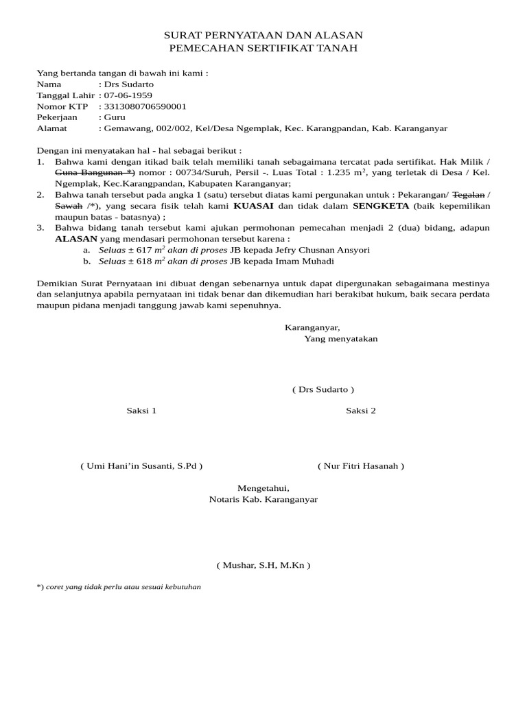 Surat Pernyataan Dan Alasan Pemecahan | PDF