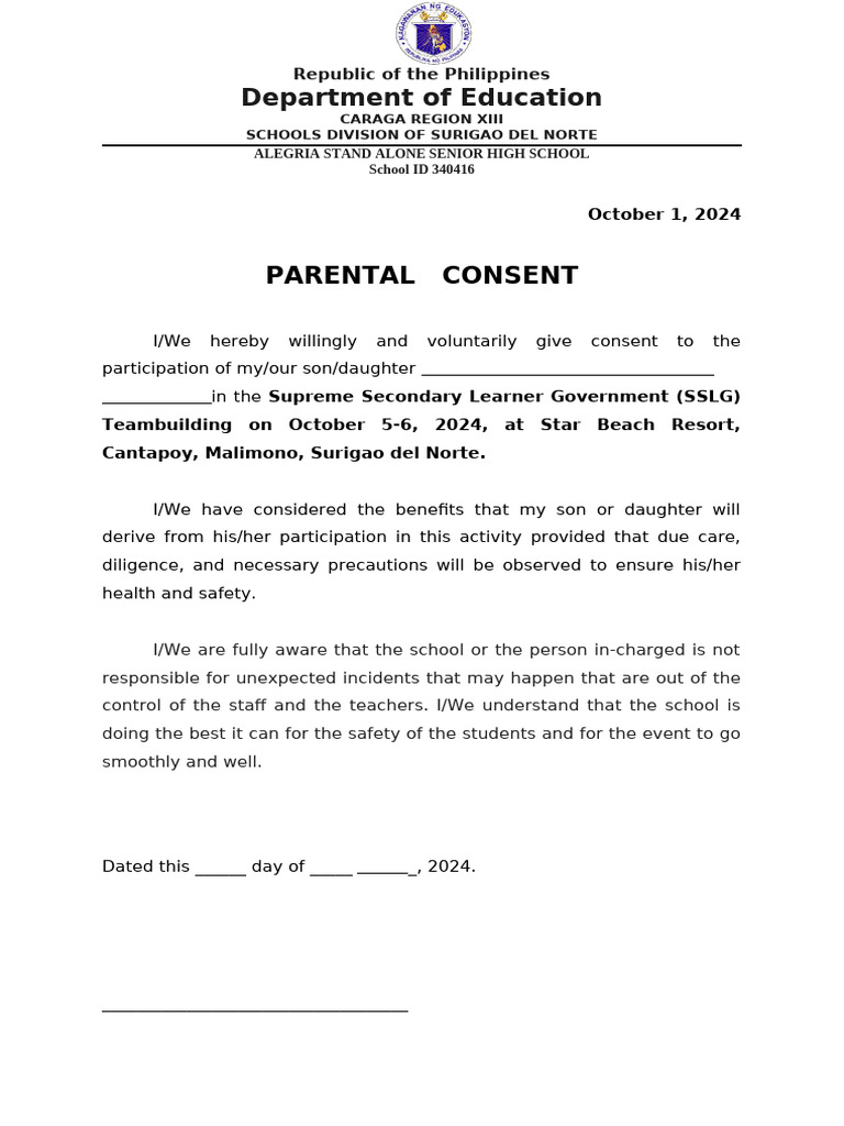 Parent's Consent_SSLG Teambuilding | PDF