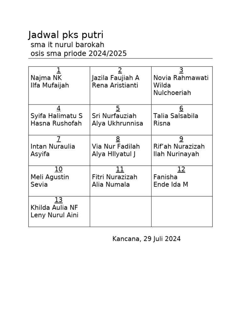 Jadwal Pks Putri | PDF