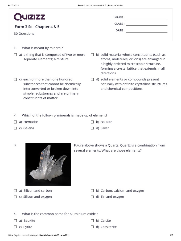 Form 3 SC - Chapter 4 & 5 Quiz ANS | PDF | Magnesium | Oxide