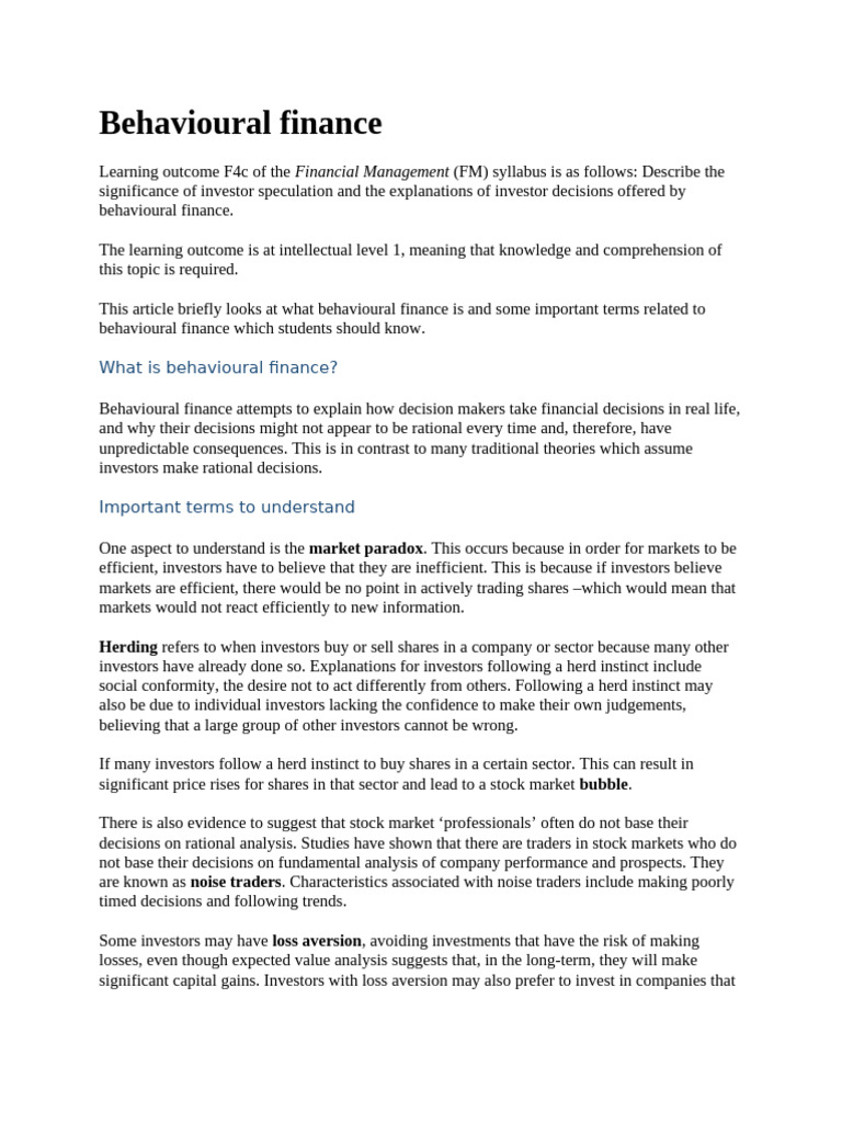 Behavioural finance | PDF | Behavioral Economics | Investing