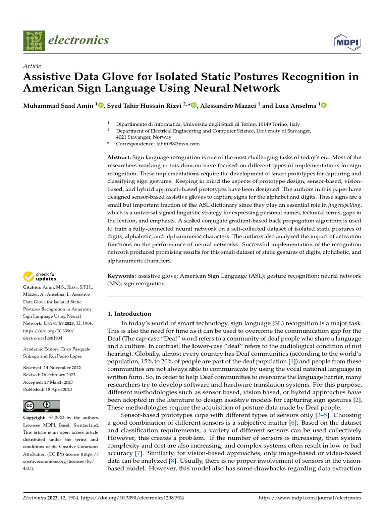 Electronics: Assistive Data Glove For Isolated Static Postures ...