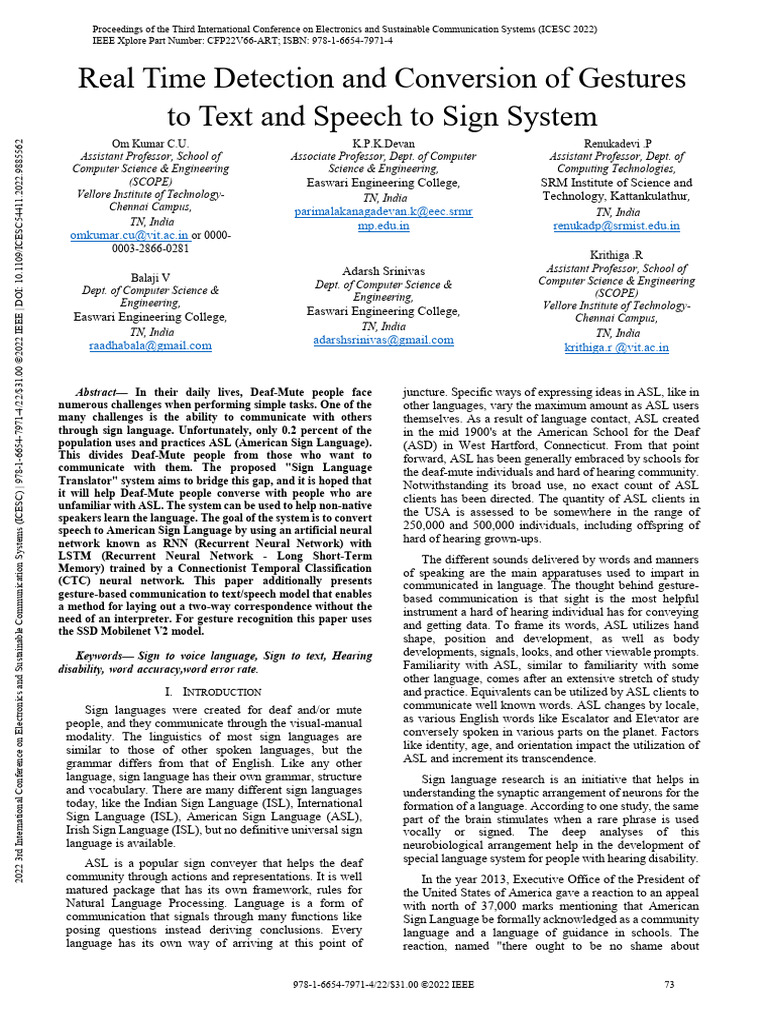 Real Time Detection and Conversion of Gestures To Text and Speech To ...