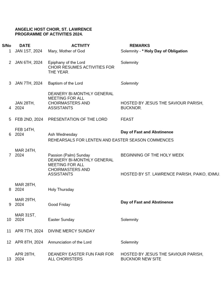 Angelic Host Choir Activities 2024 | PDF | Liturgical Year | Catholic ...