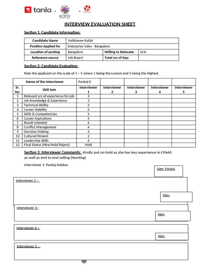 Interview Evaluation Sheet - Vaibhavee Katial | PDF | Leadership ...