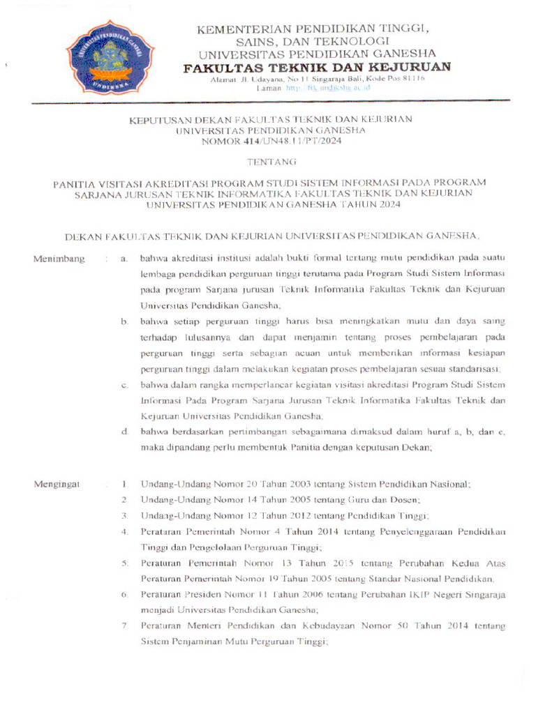 414-UN48.11-DT-2024 SK Visitasi Akreditasi Prodi SI | PDF