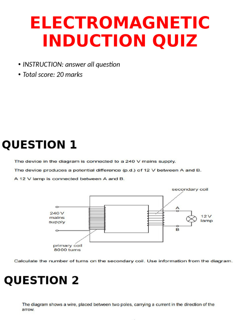 ELECTROMAGNETIC INDUCTION QUIZ | PDF