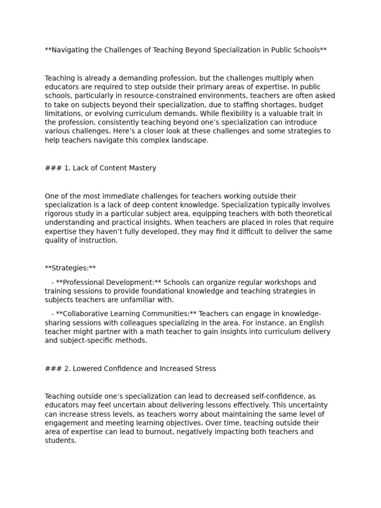 Navigating The Challenges of Teaching Beyond Specialization in Public ...