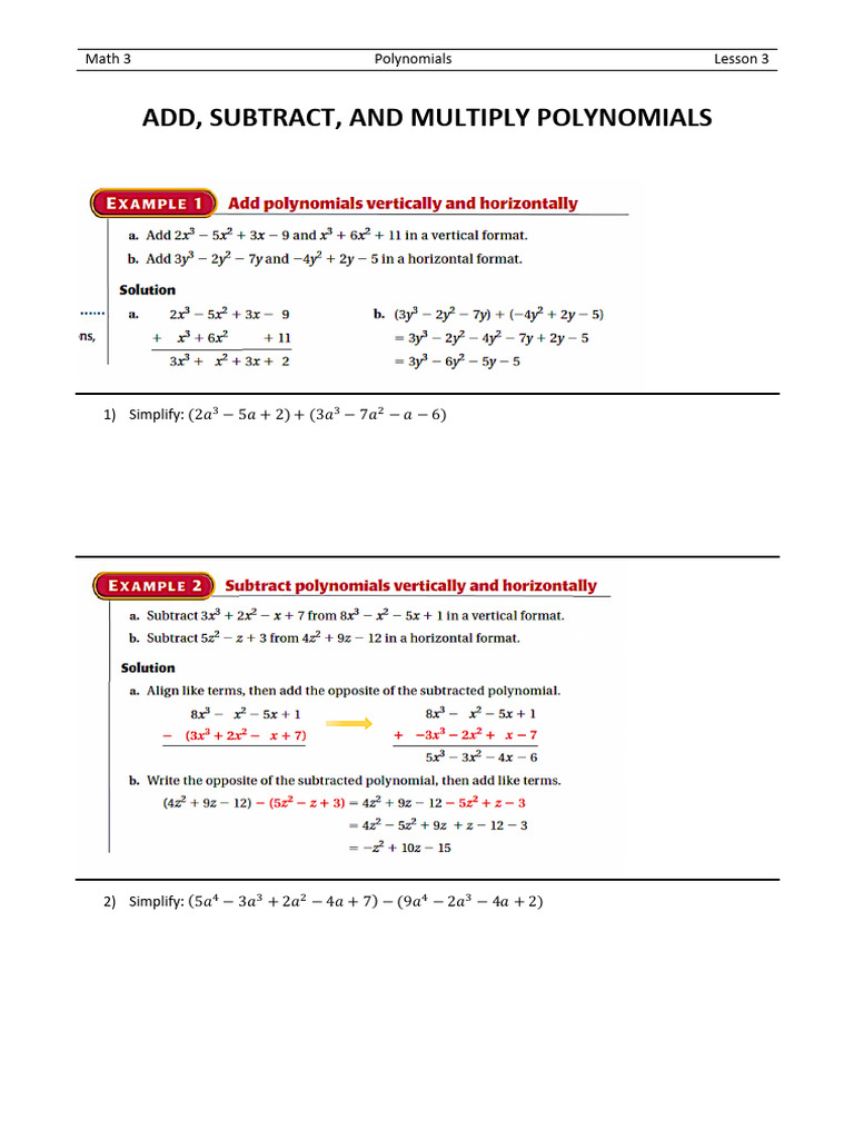Polynomials Lesson 3 | PDF