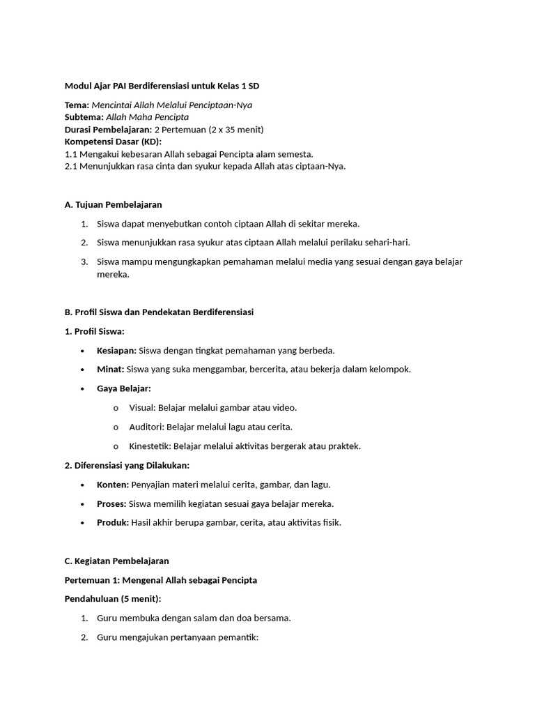 Modul Ajar PAI Berdiferensiasi Untuk Kelas 1 SD | PDF