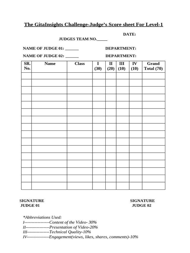 Judges Scoresheet Level 001 | PDF