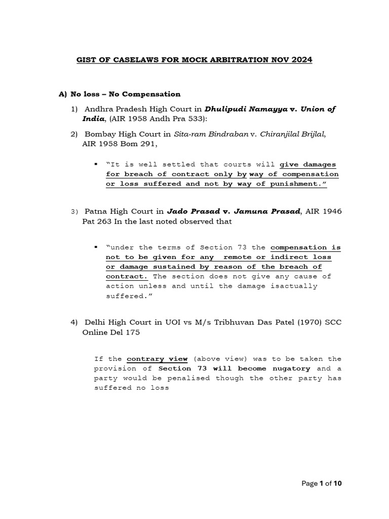 Mock Arbitration Nov 2024 - Caselaw - Brief Extracts - 1 | PDF | Damages | Arbitral Tribunal