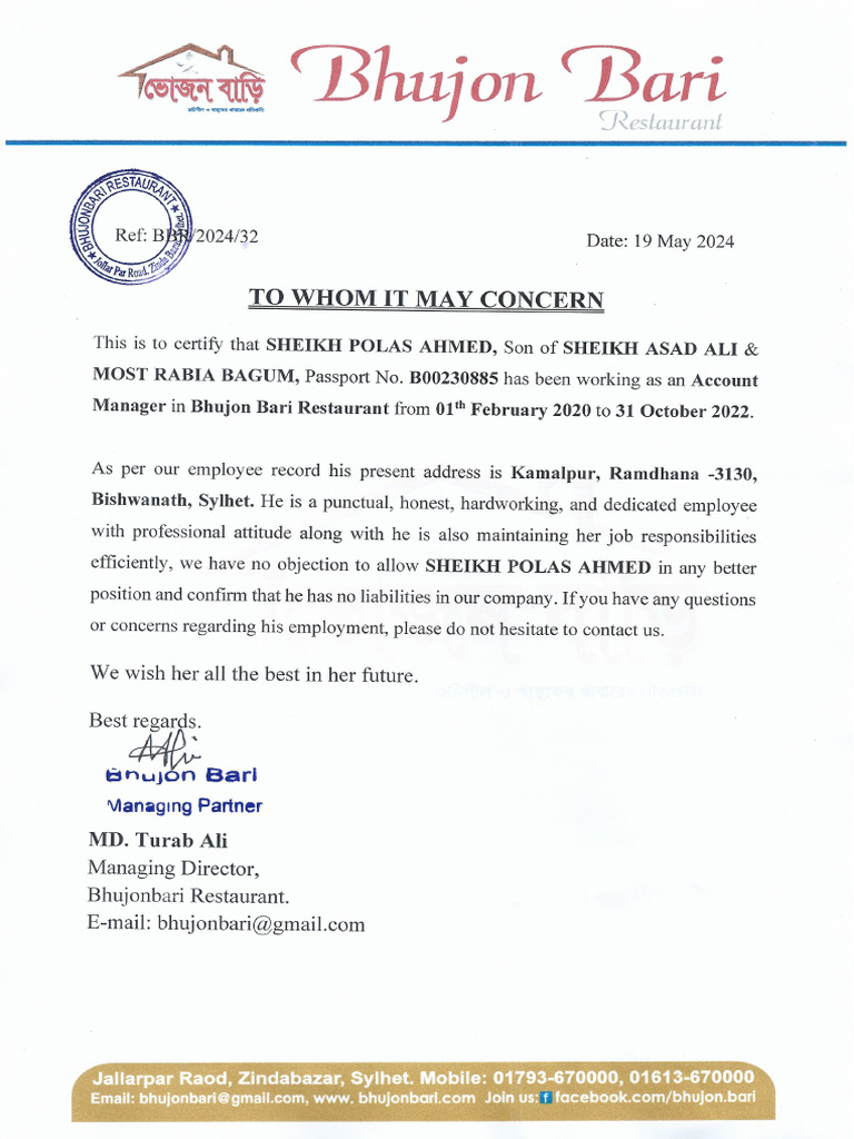 Experience Letter - Sheikh Polas Ahmed | PDF