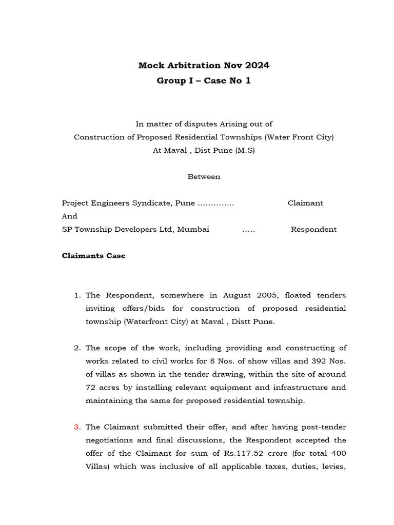 8. Mock Arbitration Nov 2024 - Group I - Case No 1 - Project Engineers Vs SP Township Developers ...
