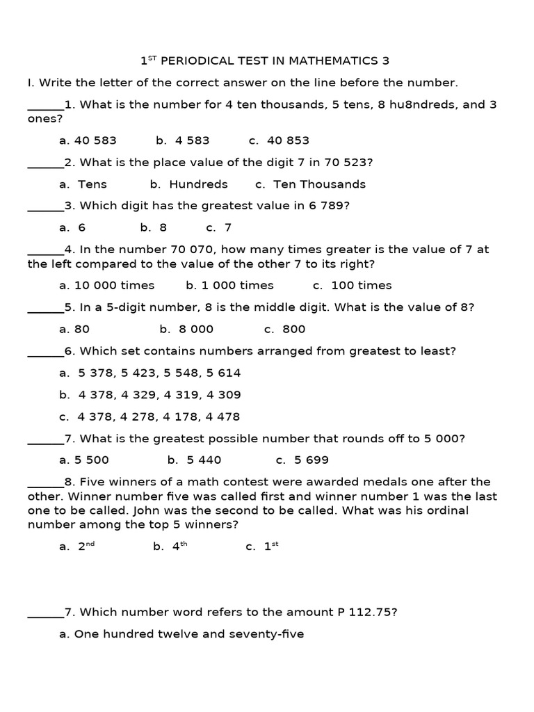 Math 3 Periodical Test Questions | PDF | Subtraction | Elementary ...