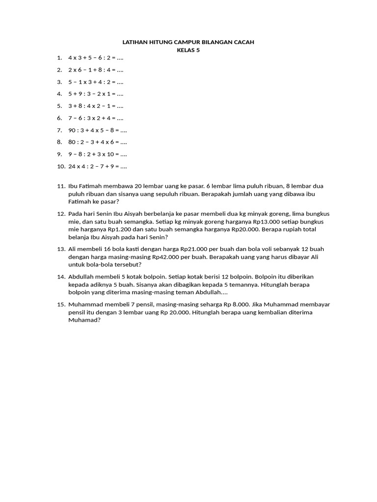Latihan Hitung Campur Bilangan Cacah | PDF