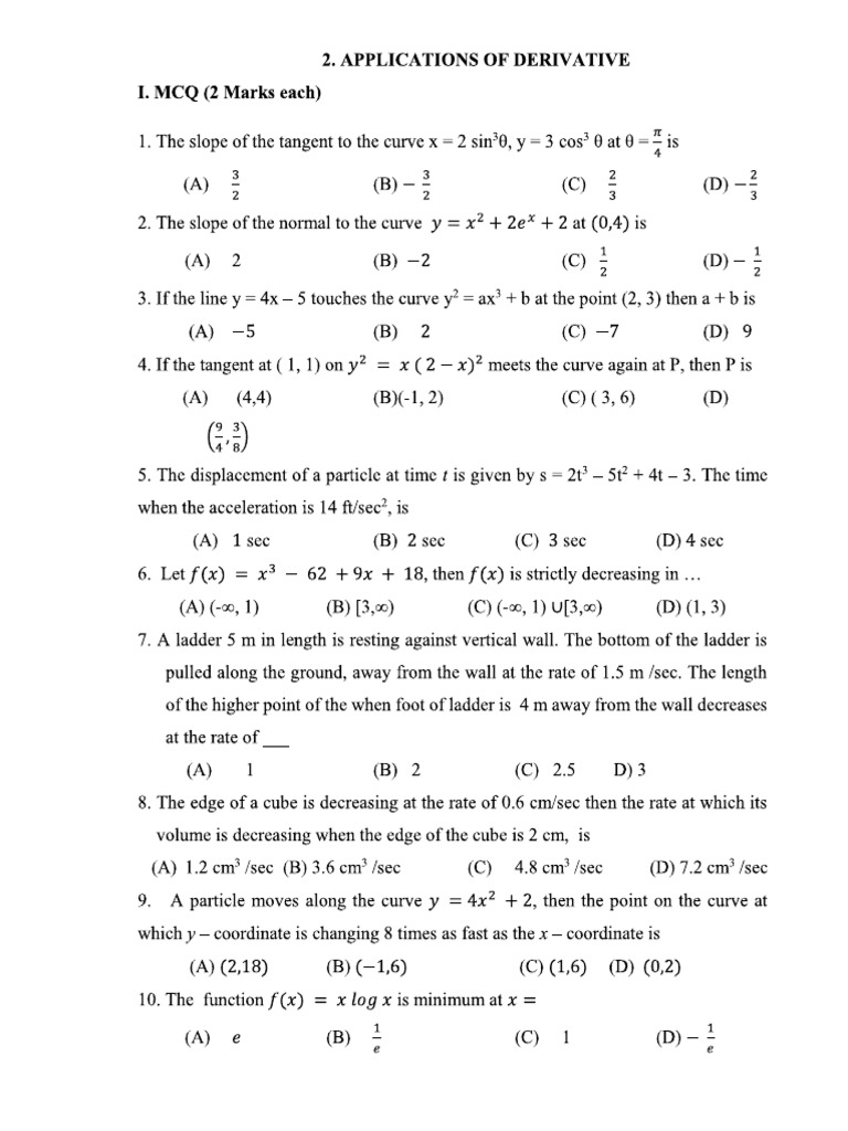 2.Application of Derivatives Question Bank for Practice | PDF