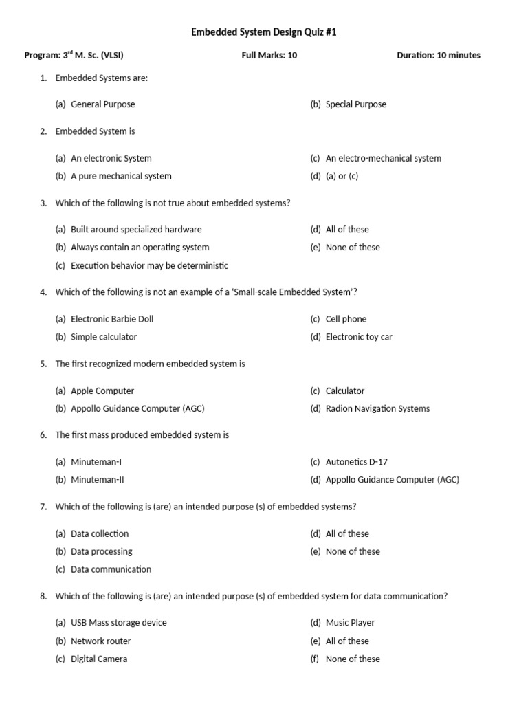 Embedded System Design Quiz-1 | PDF | Embedded System | Electrical Engineering