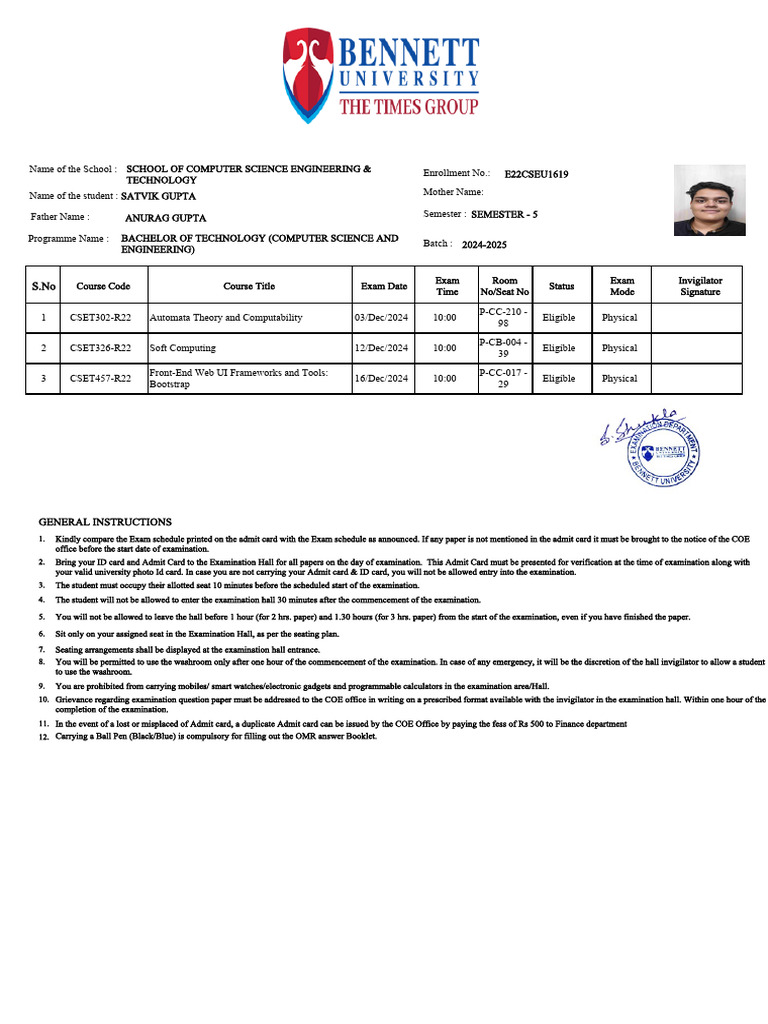 Hallticket Satvik Gupta | PDF