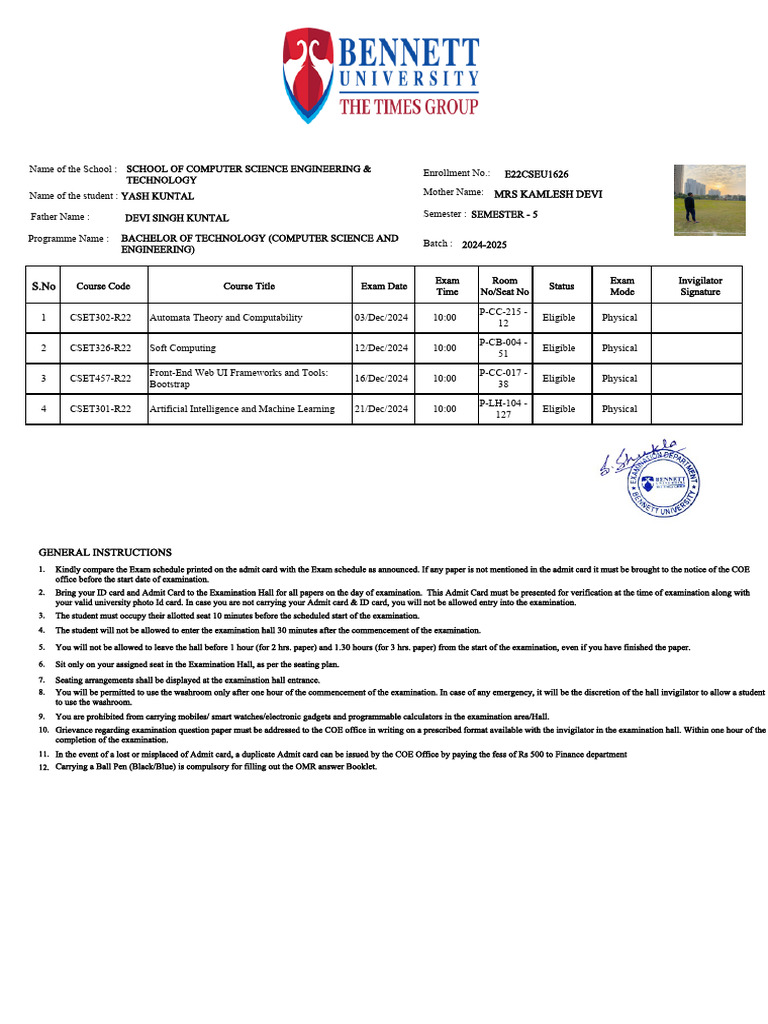 2024 End Semester Exam Hall Ticket | PDF | Computing