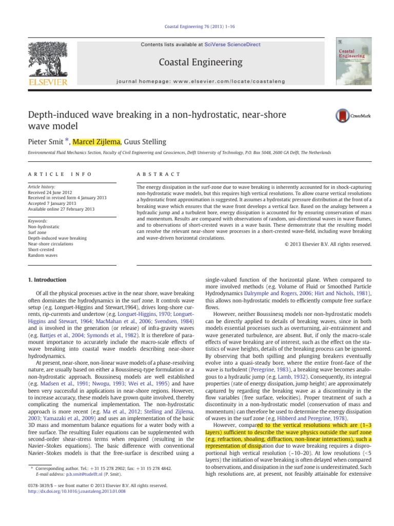 Coastal Engineering: Pieter Smit, Marcel Zijlema, Guus Stelling | PDF | Waves | Viscosity