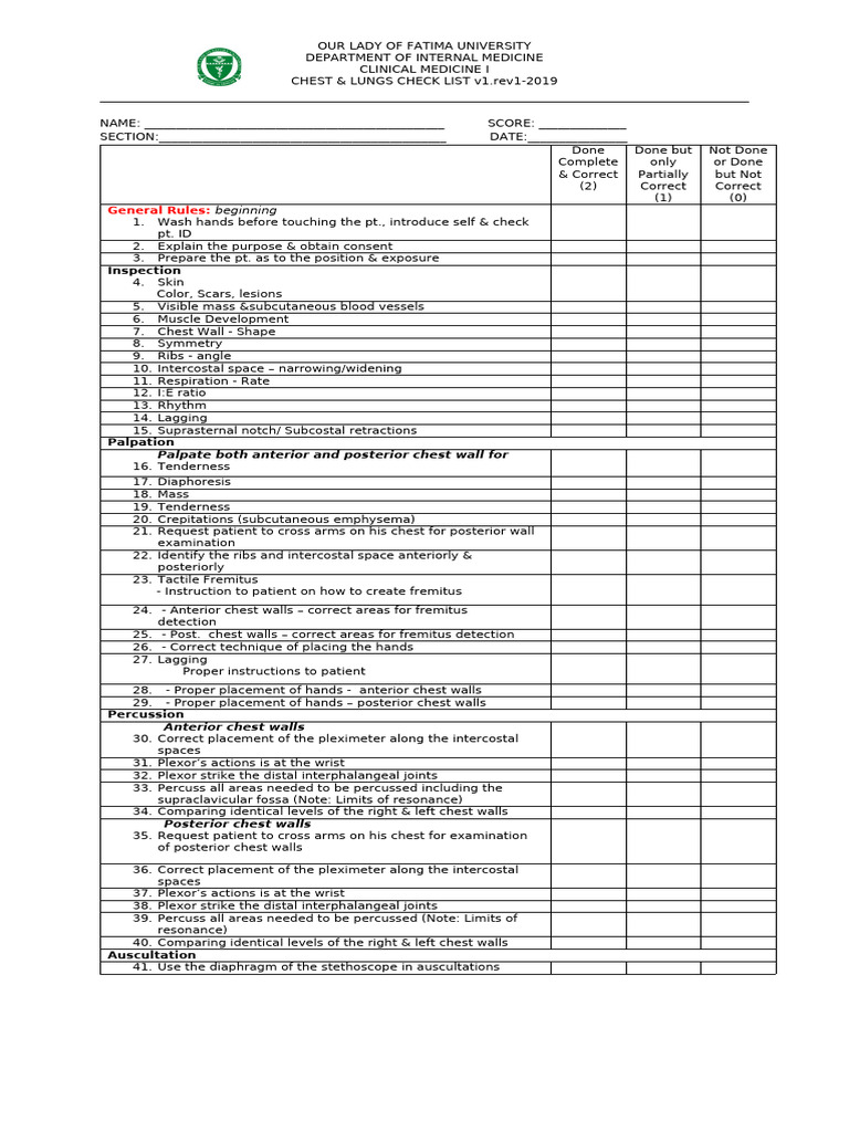 Chest & Lungs Clinical Checklist | PDF | Thorax | Lung