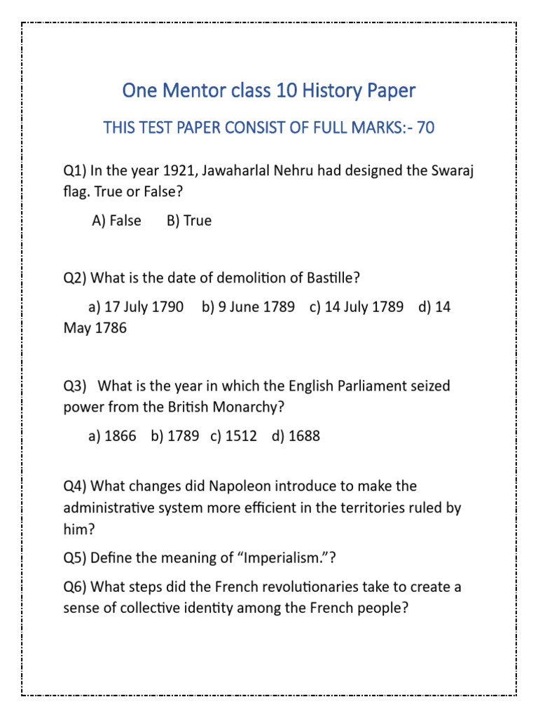 Class 10 History Exam Paper | PDF