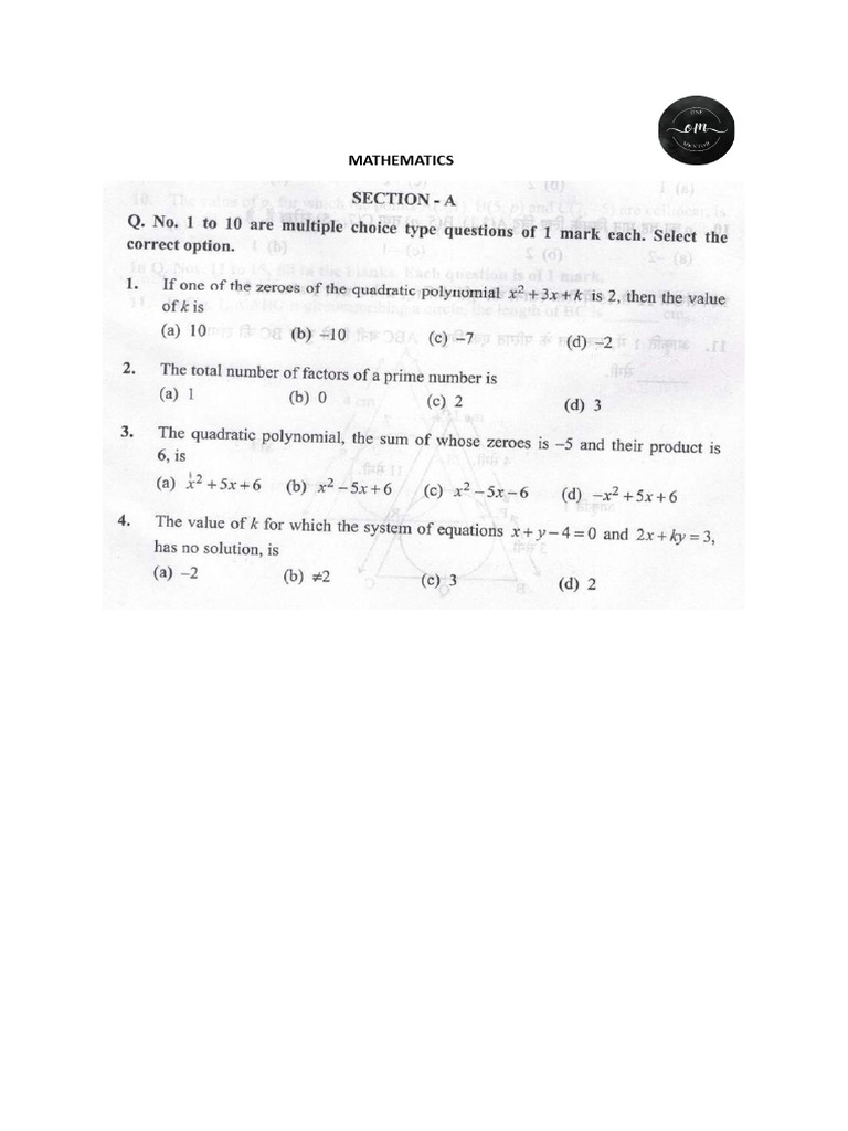 OneMentor Class 10 Mathematics Paper | PDF