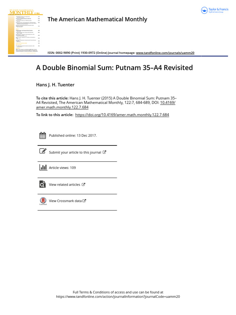 A Double Binomial Sum Putnam 35 A4 Revisited | PDF | Probability Theory ...