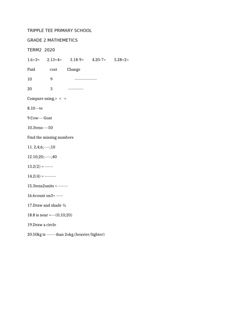 Grade 2 Mathematics Term 2 Exercises | PDF