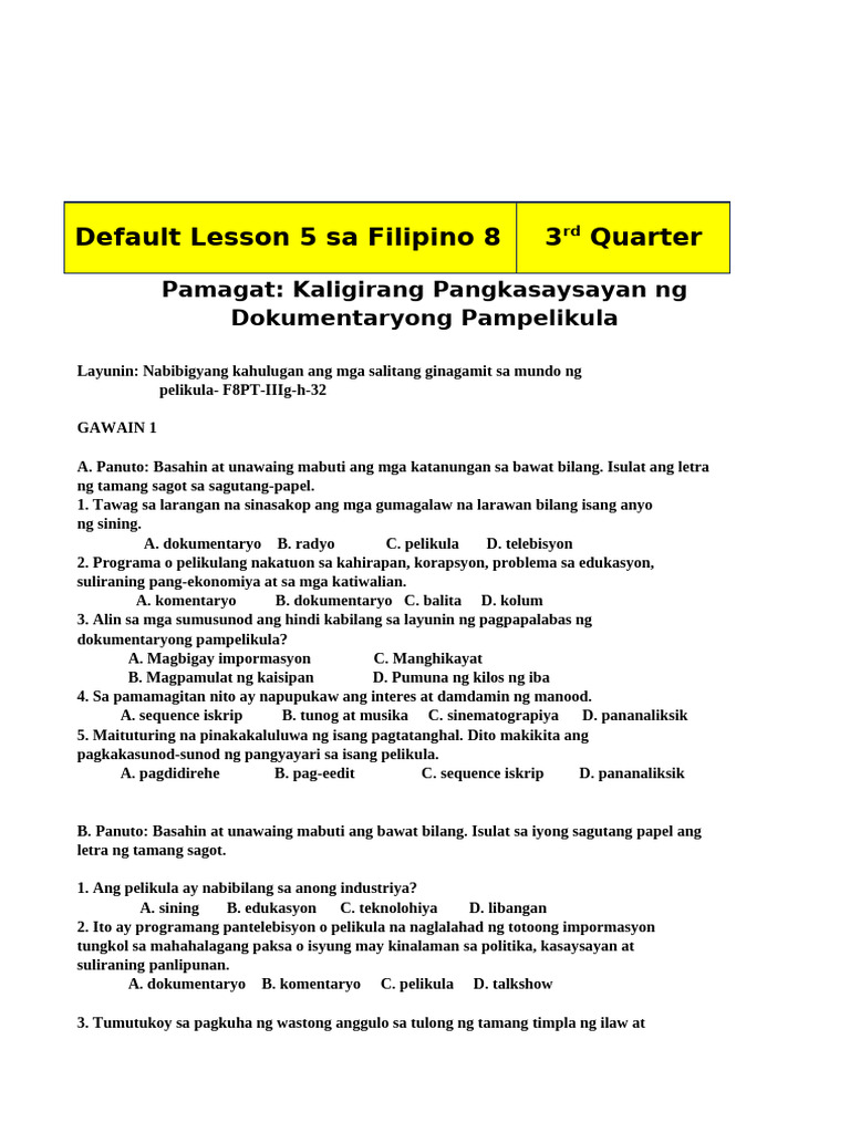 Filipino 8 - 3rd Quarter - Default Lesson 5 | PDF