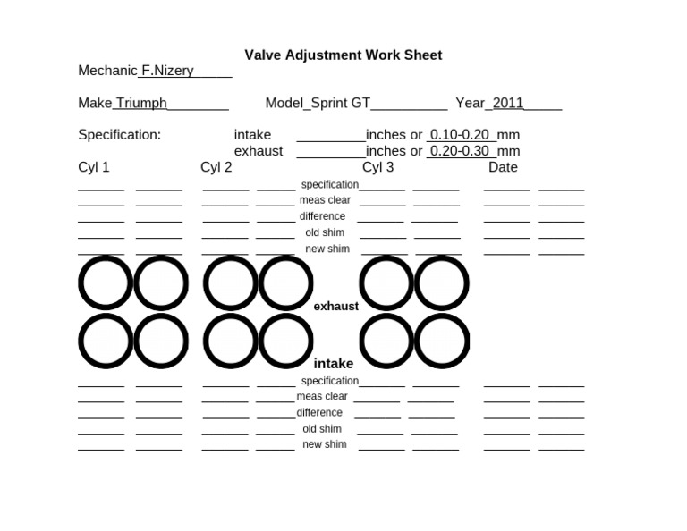 Triumph Sprint GT Valve Adjustment Sheet | PDF