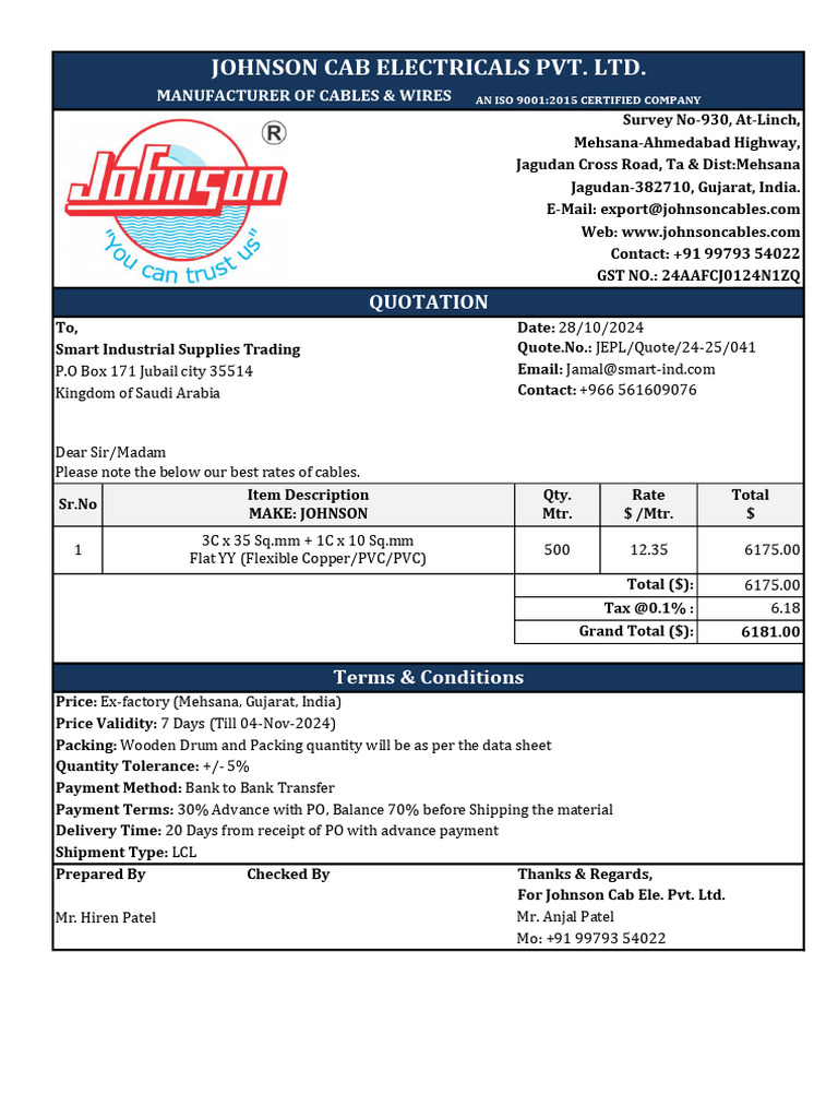 Cable Quotation from Johnson Cables | PDF