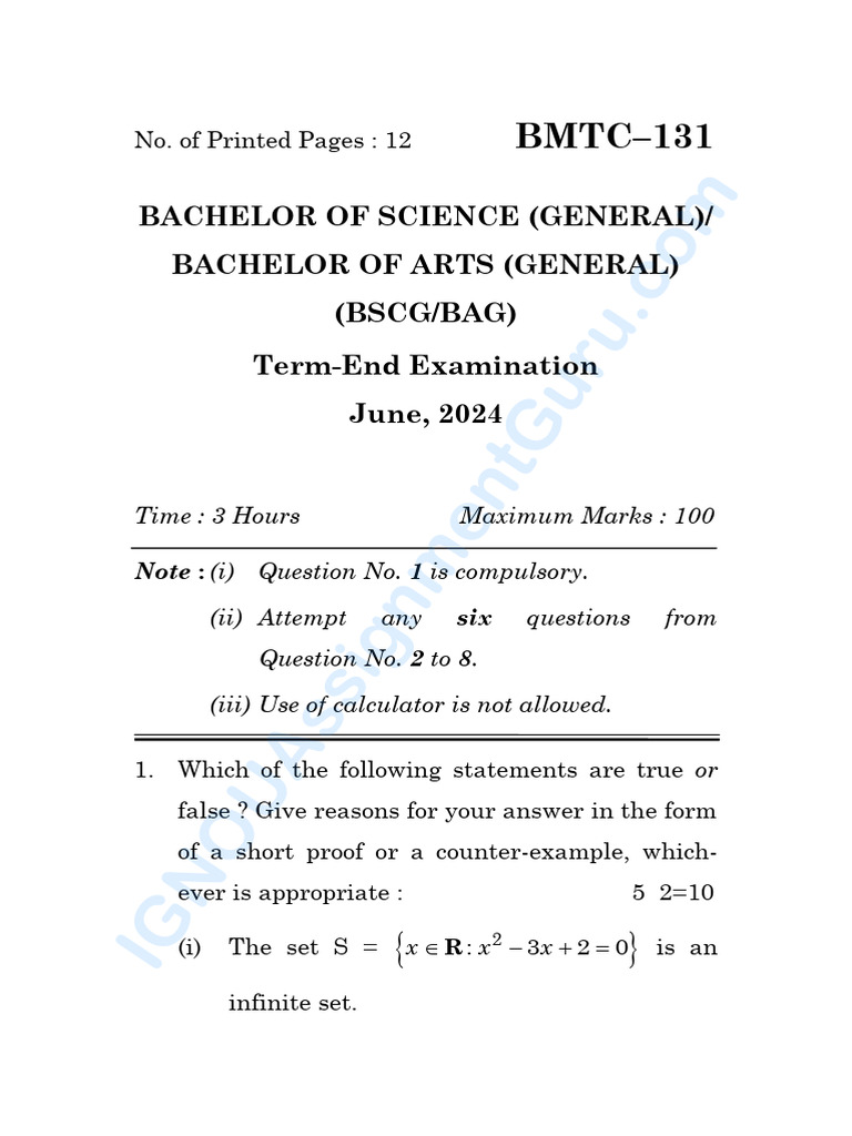 June - 2024 BMTC-131 | PDF | Function (Mathematics) | Mathematical Concepts