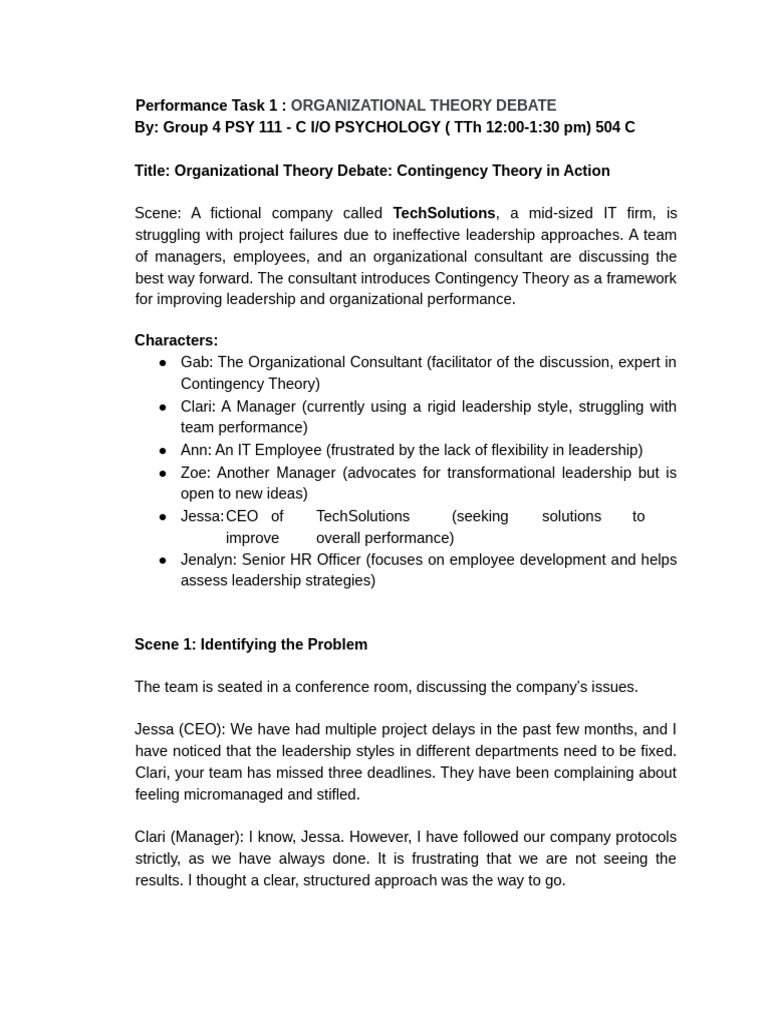 Performance Task 1 - Organizational Theory Debate | PDF | Leadership | Liberal Arts Education