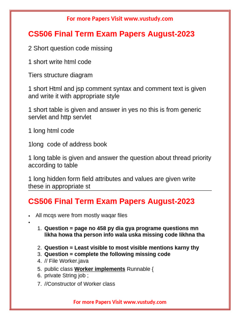 CS506 Final Term Exam Papers August 2023 | PDF