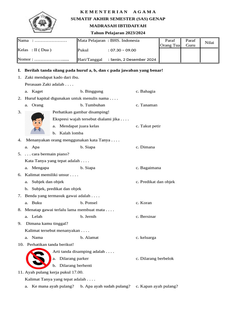 Soal Bahasa Indonesia Kelas 2 MI | PDF