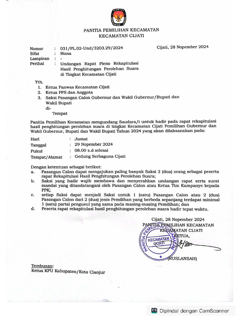 Undangan Rapat Pleno Kec - Cijati Pilkada 2024 | PDF