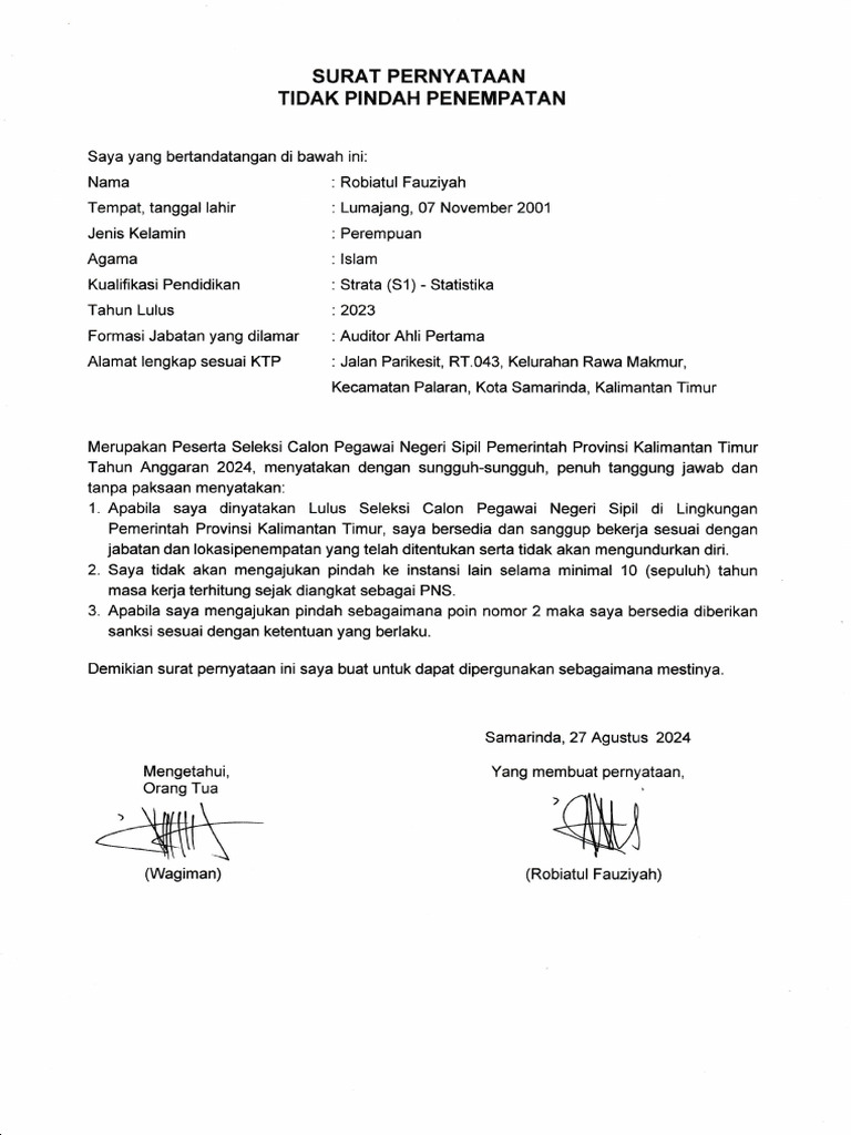 Surat Pernyataan Tidak Pindah Tempat TTD | PDF