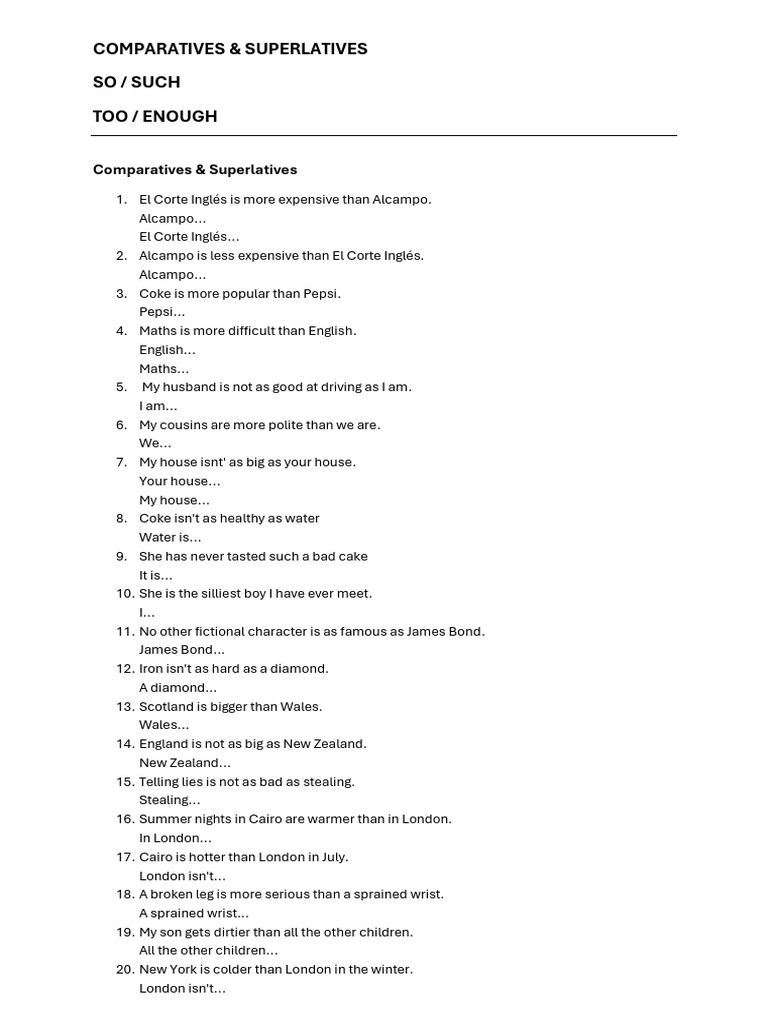 Rephrasing Comparatives So Such Too Enough Semiresuelto | PDF