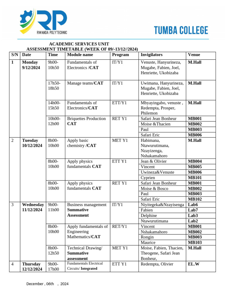 Assessment Timetable Week of 09-13-12-2024 | PDF | Physical Sciences | Engineering
