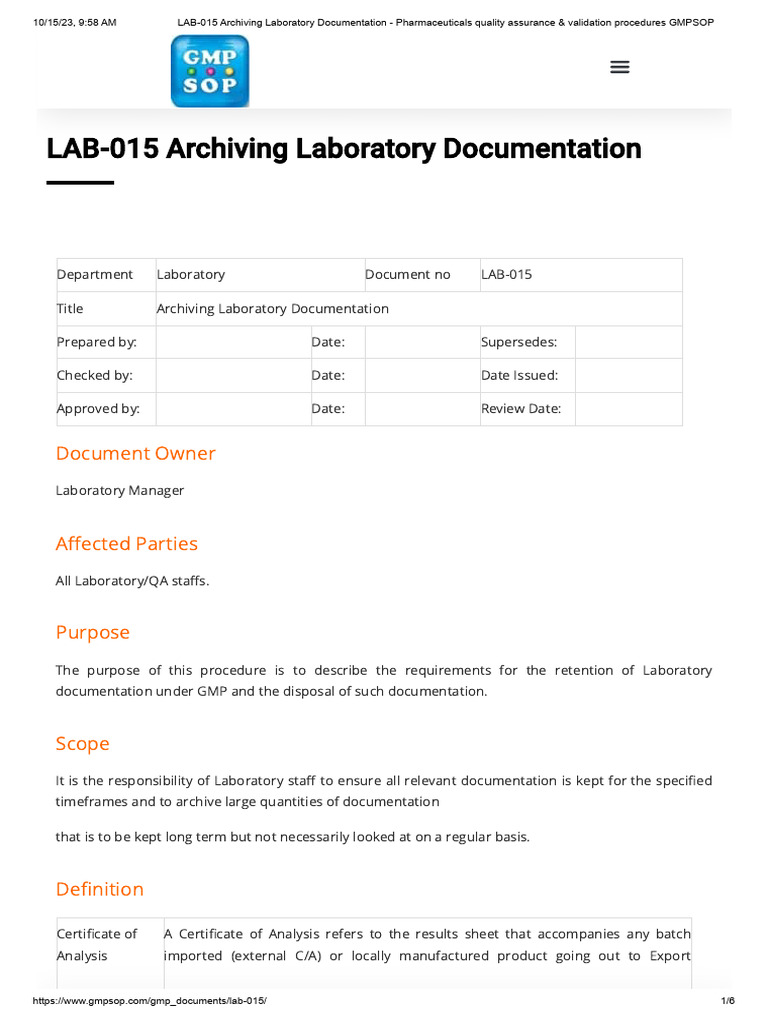 LAB-015 Archiving Laboratory Documentation - Pharmaceuticals Quality Assurance & Validation ...