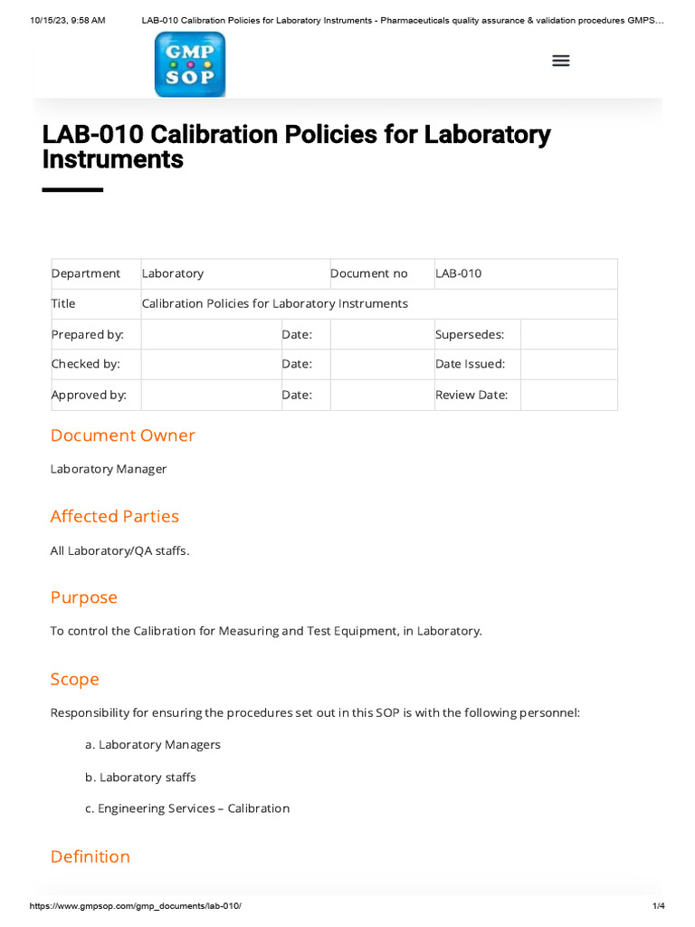 LAB-010 Calibration Policies for Laboratory Instruments ...