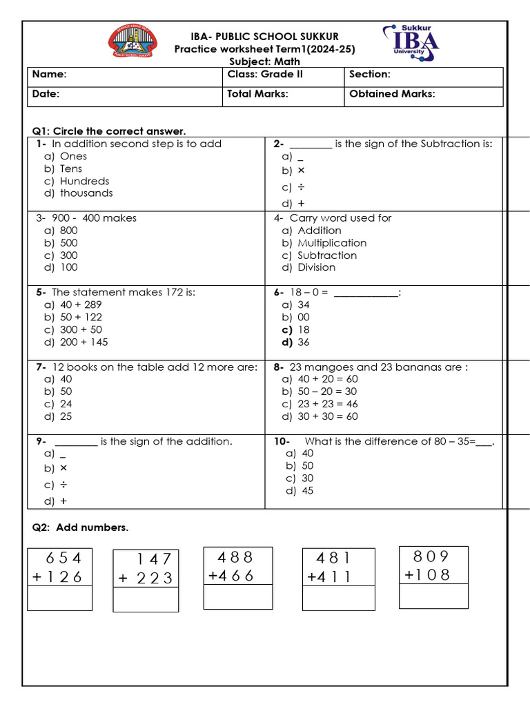 Math 2nd Monthly Practice Worksheet 2024 Grade II | PDF | Arithmetic ...