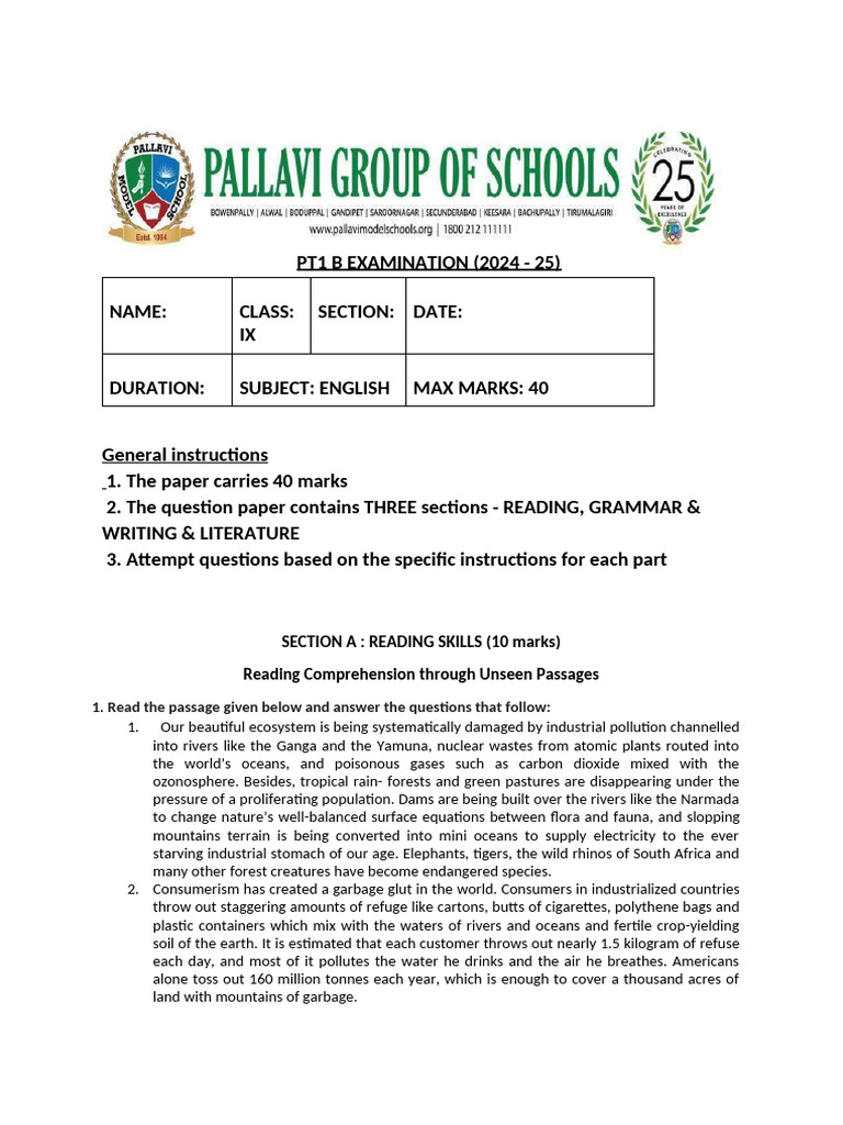 Class 9 English PT1 B Question Paper | PDF | Pollution | Soil