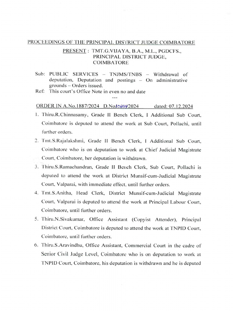 A.No 1887- D.No- TNJMS-TNBS- Withdrawal of Deputation ,Deputation and Postings -Orders -issued ...