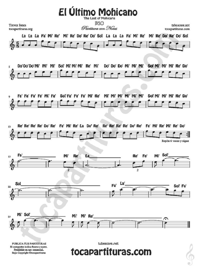 El Último Mohicano Partitura Fácil con Notas de Flauta Violín Oboe Saxofones Trompeta Clarinete ...