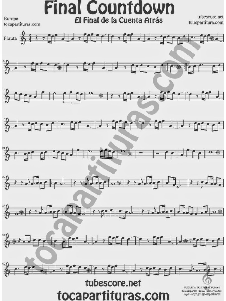 Final Countdown Sheet Music for Flute Partitura de Flauta | PDF